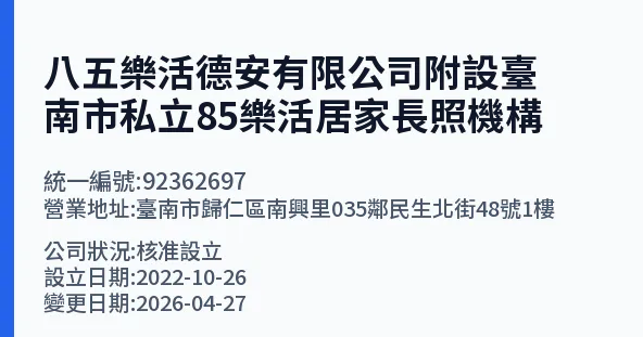 八五樂活德安有限公司附設臺南市私立85樂活居家長照機構的照片-統編 92362697(臺南市) 公司登記資料與營業項目詳細圖表