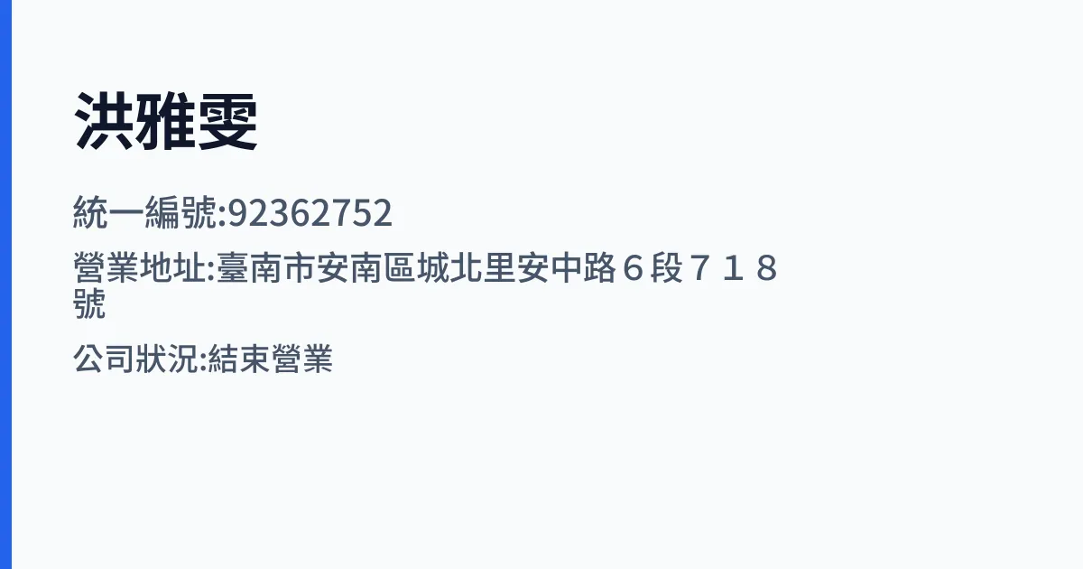 洪雅雯 - 統編 92362752(臺南市) 公司登記資料與營業項目詳細圖表