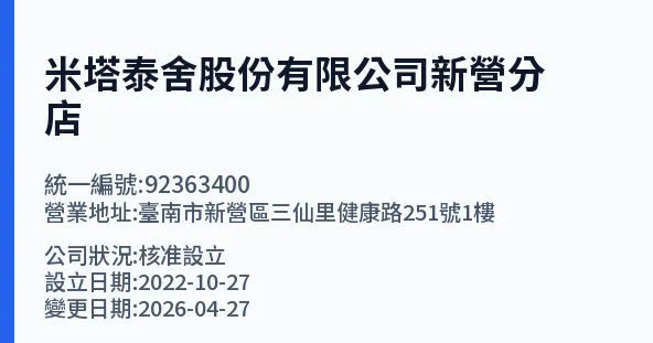 米塔泰舍股份有限公司新營分店的照片-統編 92363400(臺南市) 公司登記資料與營業項目詳細圖表