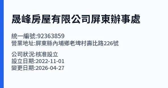 晟峰房屋有限公司屏東辦事處的照片-統編 92363859(屏東縣) 公司登記資料與營業項目詳細圖表