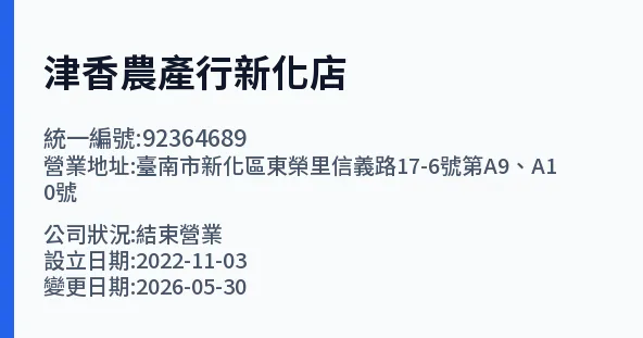 津香農產行新化店的照片-統編 92364689(臺南市) 公司登記資料與營業項目詳細圖表