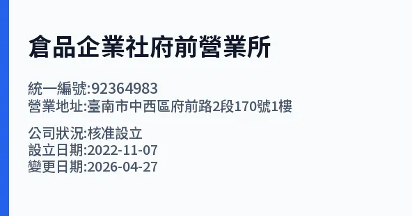 倉品企業社府前營業所的照片-統編 92364983(臺南市) 公司登記資料與營業項目詳細圖表