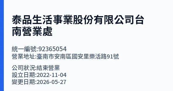 泰品生活事業股份有限公司台南營業處的照片-統編 92365054(臺南市) 公司登記資料與營業項目詳細圖表