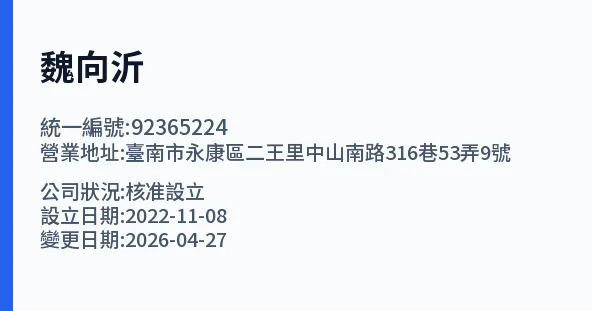 魏向沂的照片-統編 92365224(臺南市) 公司登記資料與營業項目詳細圖表