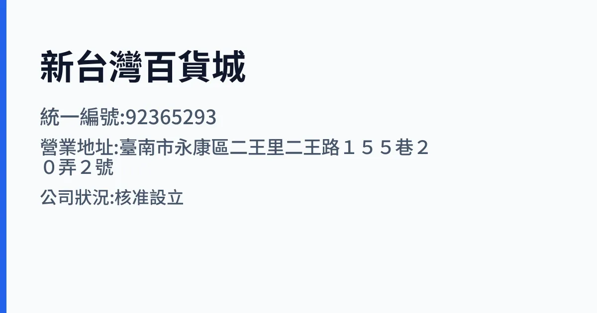 新台灣百貨城 - 統編 92365293(臺南市) 公司登記資料與營業項目詳細圖表