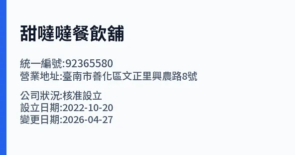 甜噠噠餐飲舖的照片-統編 92365580(臺南市) 公司登記資料與營業項目詳細圖表