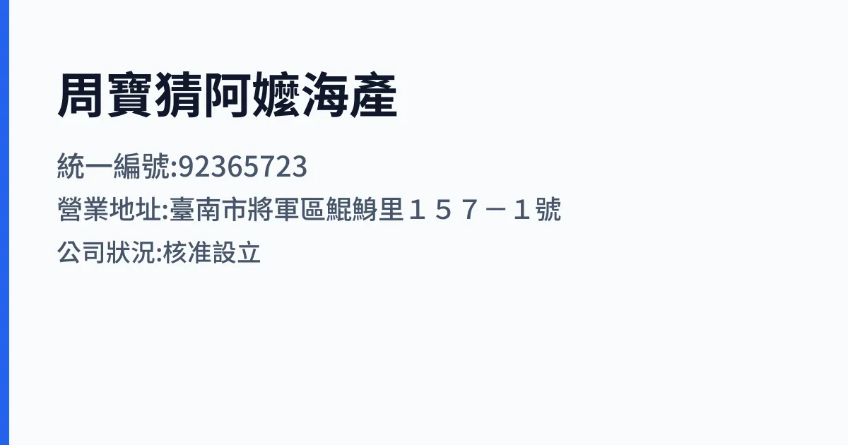 周寶猜阿嬤海產 - 統編 92365723(臺南市) 公司登記資料與營業項目詳細圖表