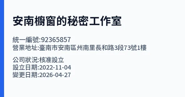 安南櫥窗的秘密工作室的照片-統編 92365857(臺南市) 公司登記資料與營業項目詳細圖表