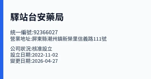 驛站台安藥局的照片-統編 92366027(屏東縣) 公司登記資料與營業項目詳細圖表