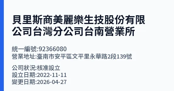 貝里斯商美麗樂生技股份有限公司台灣分公司台南營業所的照片-統編 92366080(臺南市) 公司登記資料與營業項目詳細圖表
