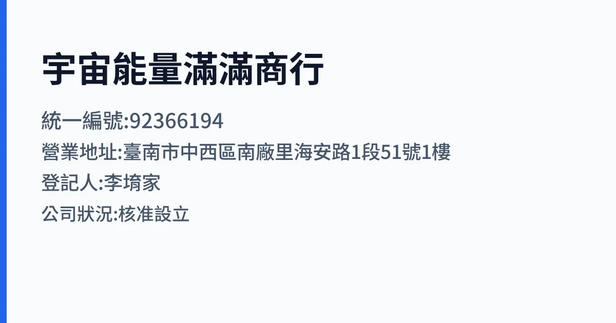 宇宙能量滿滿商行 - 統編 92366194(臺南市) 公司登記資料與營業項目詳細圖表
