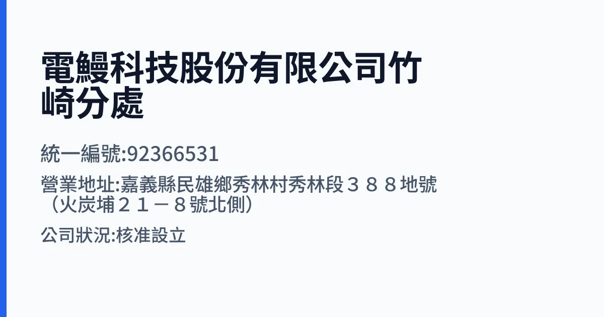 電鰻科技股份有限公司竹崎分處 - 統編 92366531(嘉義縣) 公司登記資料與營業項目詳細圖表