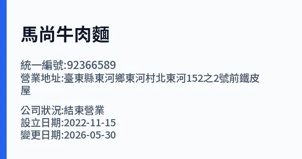 馬尚牛肉麵的照片-統編 92366589(臺東縣) 公司登記資料與營業項目詳細圖表