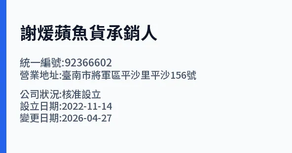 謝煖蘋魚貨承銷人的照片-統編 92366602(臺南市) 公司登記資料與營業項目詳細圖表