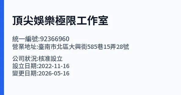 頂尖娛樂極限工作室的照片-統編 92366960(臺南市) 公司登記資料與營業項目詳細圖表