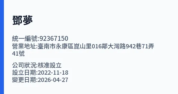 鄧夢的照片-統編 92367150(臺南市) 公司登記資料與營業項目詳細圖表
