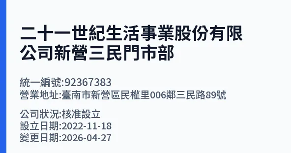 二十一世紀生活事業股份有限公司新營三民門市部的照片-統編 92367383(臺南市) 公司登記資料與營業項目詳細圖表