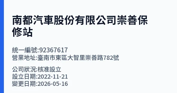 南都汽車股份有限公司崇善保修站的照片-統編 92367617(臺南市) 公司登記資料與營業項目詳細圖表