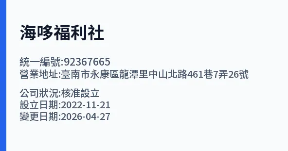 海哆福利社的照片-統編 92367665(臺南市) 公司登記資料與營業項目詳細圖表
