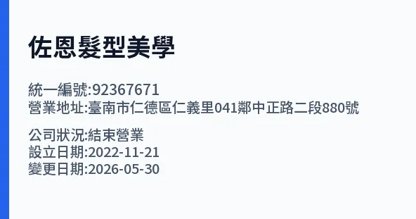 佐恩髮型美學的照片-統編 92367671(臺南市) 公司登記資料與營業項目詳細圖表