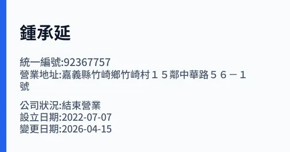 鍾承延的照片-統編 92367757(嘉義縣) 公司登記資料與營業項目詳細圖表