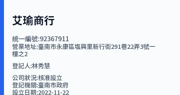 艾瑜商行的照片-統編 92367911(臺南市) 公司登記資料與營業項目詳細圖表