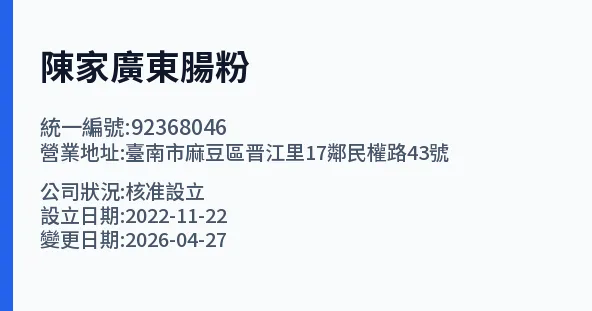 陳家廣東腸粉的照片-統編 92368046(臺南市) 公司登記資料與營業項目詳細圖表
