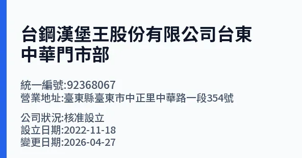 台鋼漢堡王股份有限公司台東中華門市部的照片-統編 92368067(臺東縣) 公司登記資料與營業項目詳細圖表