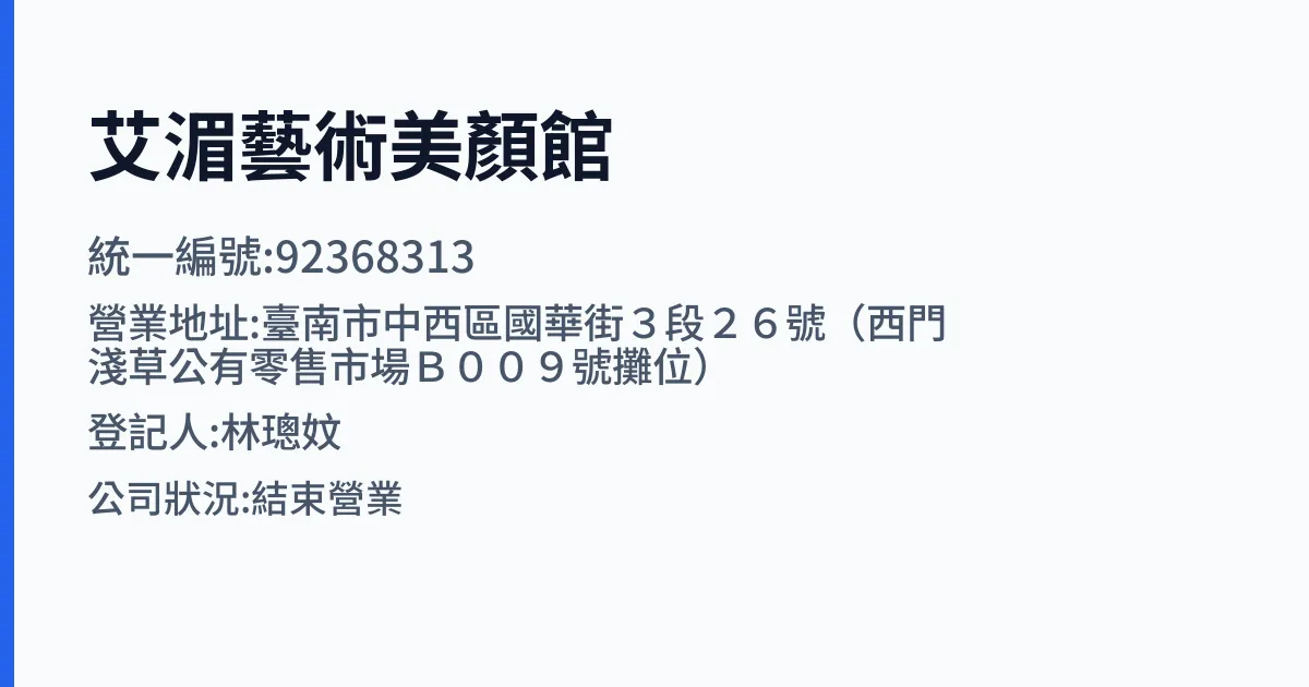 艾湄藝術美顏館 - 統編 92368313(臺南市) 公司登記資料與營業項目詳細圖表
