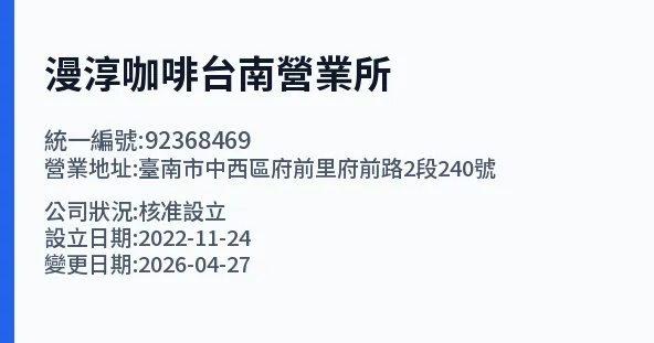漫淳咖啡台南營業所的照片-統編 92368469(臺南市) 公司登記資料與營業項目詳細圖表