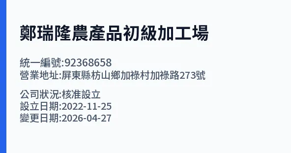 鄭瑞隆農產品初級加工場的照片-統編 92368658(屏東縣) 公司登記資料與營業項目詳細圖表