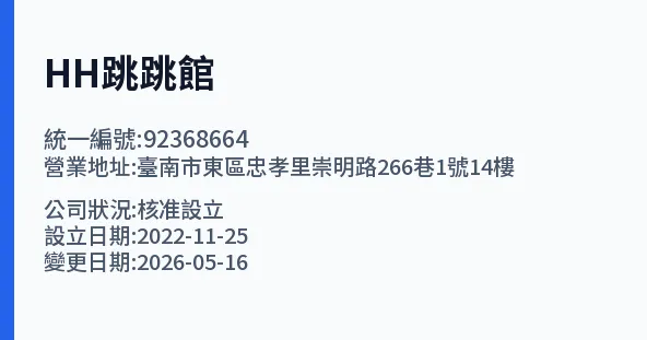 HH跳跳館的照片-統編 92368664(臺南市) 公司登記資料與營業項目詳細圖表