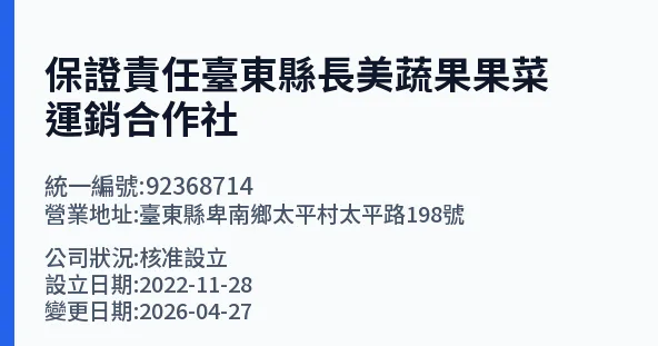 保證責任臺東縣長美蔬果果菜運銷合作社的照片-統編 92368714(臺東縣) 公司登記資料與營業項目詳細圖表