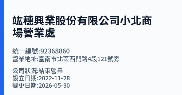 竑穗興業股份有限公司小北商場營業處的照片-統編 92368860(臺南市) 公司登記資料與營業項目詳細圖表