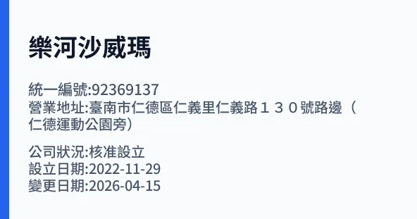 樂河沙威瑪 - 統編 92369137(臺南市) 公司登記資料與營業項目詳細圖表