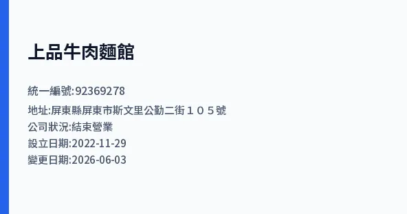 上品牛肉麵館的照片-統編 92369278(屏東縣) 公司登記資料與營業項目詳細圖表