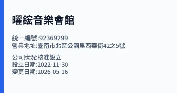 曜鋐音樂會館的照片-統編 92369299(臺南市) 公司登記資料與營業項目詳細圖表