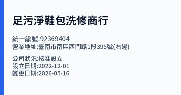 足污淨鞋包洗修商行的照片-統編 92369404(臺南市) 公司登記資料與營業項目詳細圖表