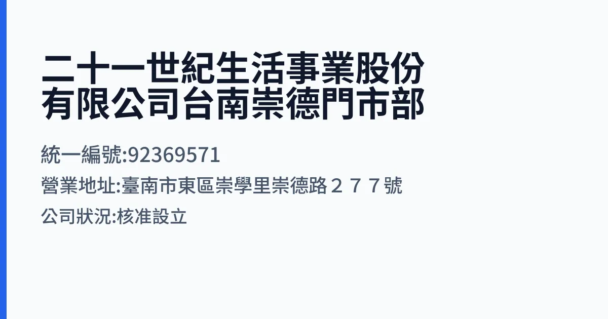 二十一世紀生活事業股份有限公司台南崇德門市部 - 統編 92369571(臺南市) 公司登記資料與營業項目詳細圖表