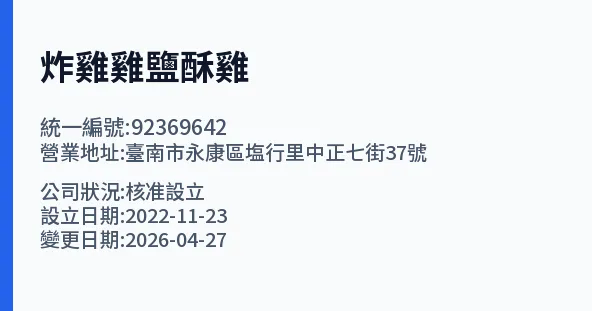 炸雞雞鹽酥雞的照片-統編 92369642(臺南市) 公司登記資料與營業項目詳細圖表