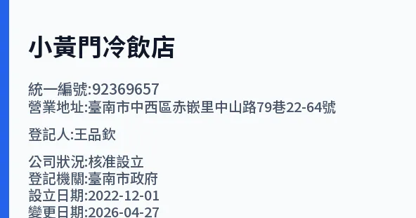 小黃門冷飲店的照片-統編 92369657(臺南市) 公司登記資料與營業項目詳細圖表
