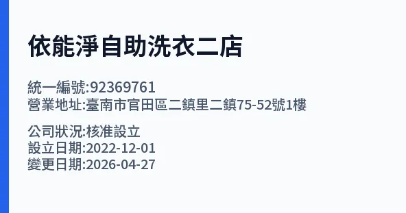 依能淨自助洗衣二店的照片-統編 92369761(臺南市) 公司登記資料與營業項目詳細圖表
