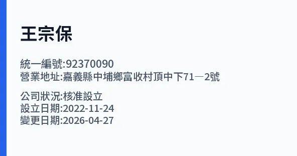 王宗保的照片-統編 92370090(嘉義縣) 公司登記資料與營業項目詳細圖表