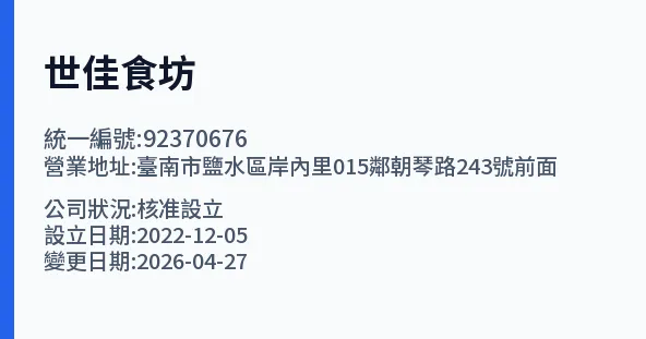 世佳食坊的照片-統編 92370676(臺南市) 公司登記資料與營業項目詳細圖表
