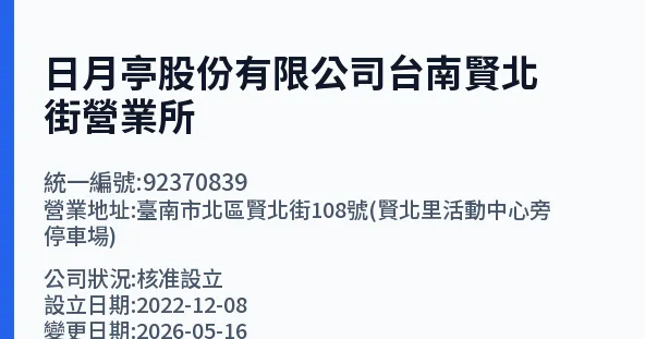 日月亭股份有限公司台南賢北街營業所的照片-統編 92370839(臺南市) 公司登記資料與營業項目詳細圖表