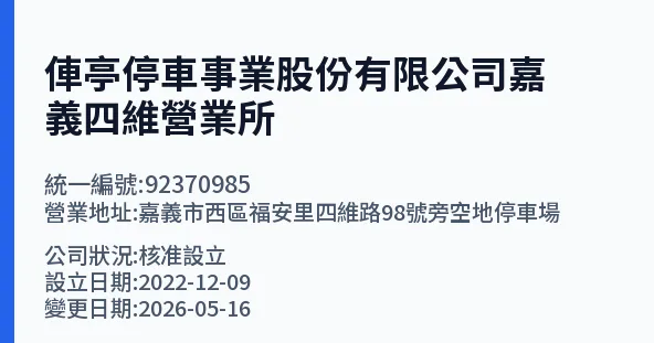 俥亭停車事業股份有限公司嘉義四維營業所的照片-統編 92370985(嘉義市) 公司登記資料與營業項目詳細圖表