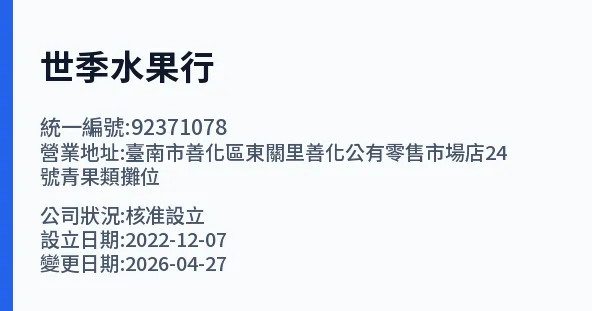世季水果行的照片-統編 92371078(臺南市) 公司登記資料與營業項目詳細圖表