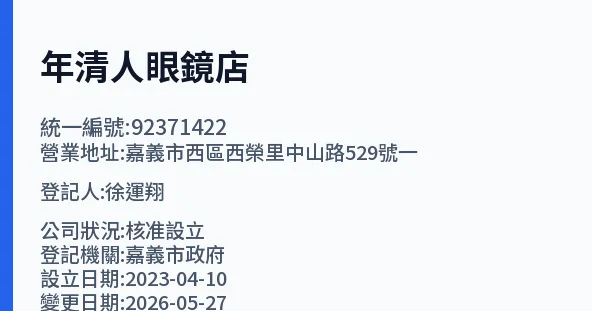 年清人眼鏡店的照片-統編 92371422(嘉義市) 公司登記資料與營業項目詳細圖表