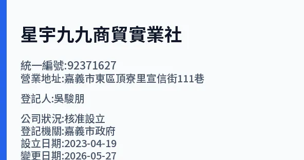 星宇九九商貿實業社的照片-統編 92371627(嘉義市) 公司登記資料與營業項目詳細圖表