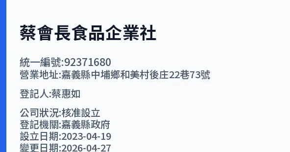 蔡會長食品企業社的照片-統編 92371680(嘉義縣) 公司登記資料與營業項目詳細圖表